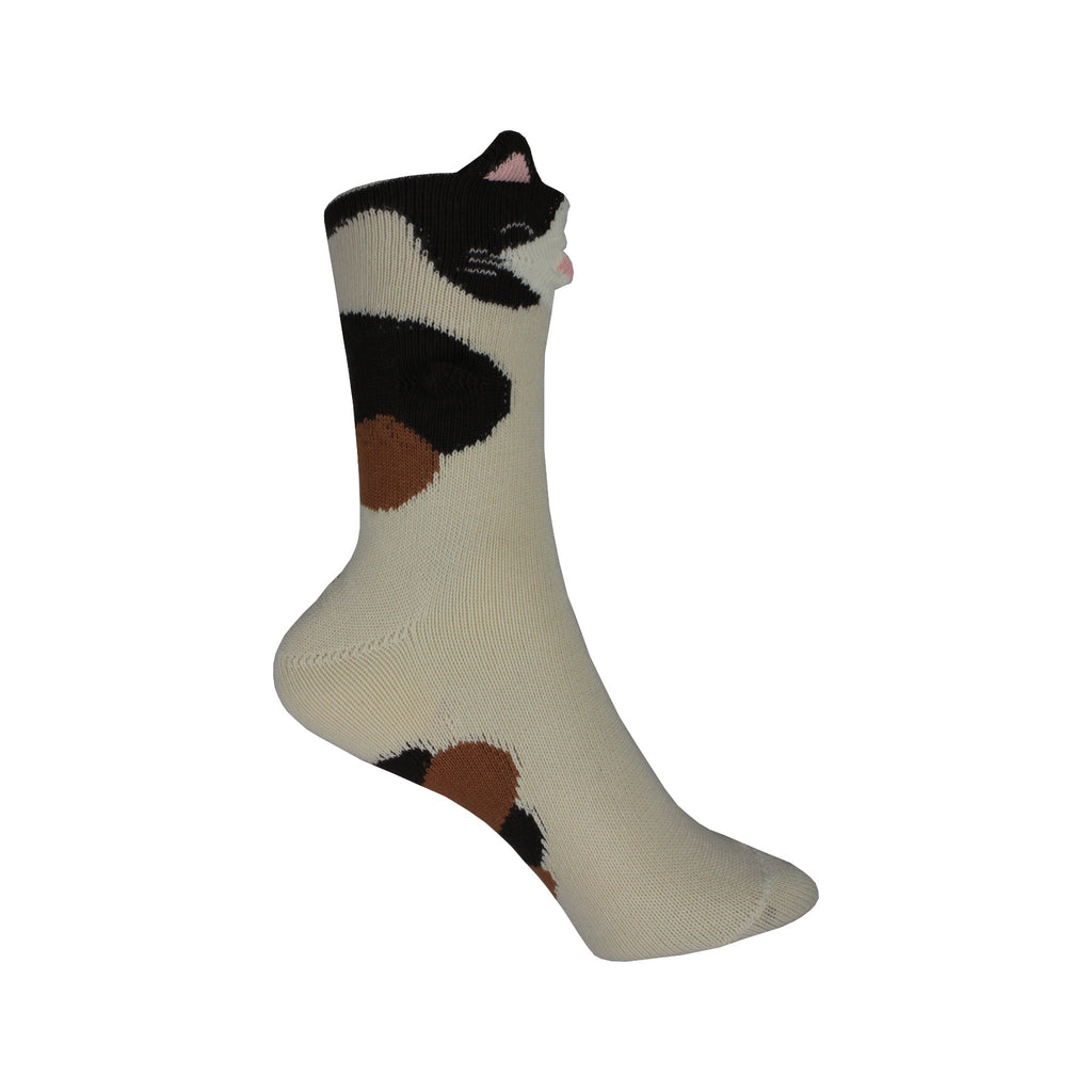 Calico Cat 3D Crew Socks in Light Beige - Poppysocks